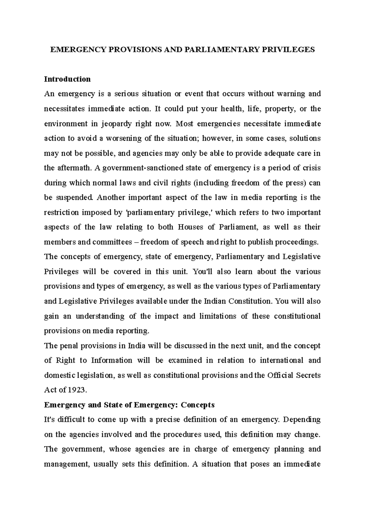 Emergency Provisions AND Parliamentary Privileges - EMERGENCY ...