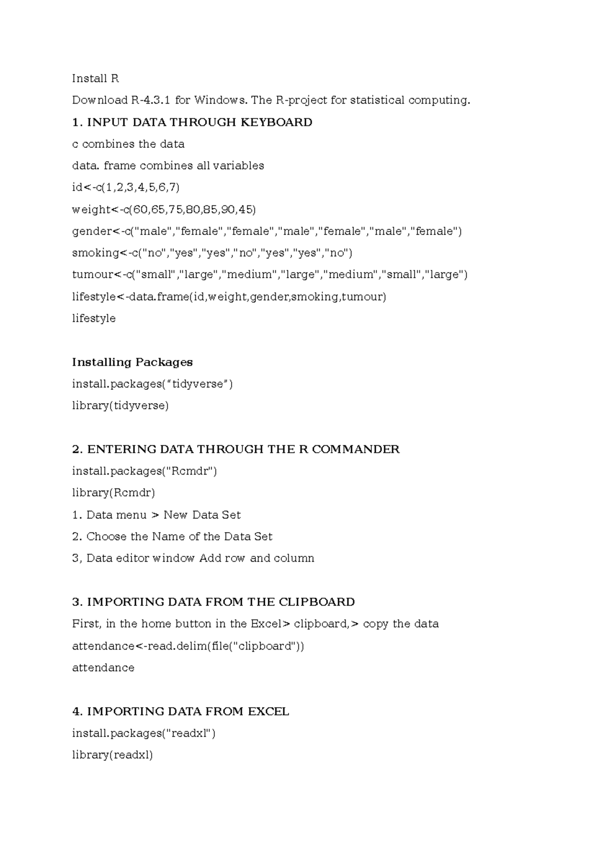 1. Input data into R - Install R Download R-4.3 for Windows. The R-project for statistical - Studocu