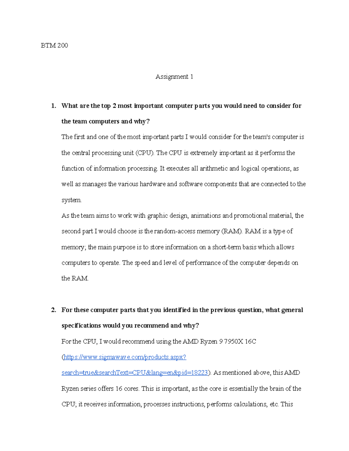 BTM assignment 1 - BTM 200 Assignment 1 What are the top 2 most important computer parts you ...