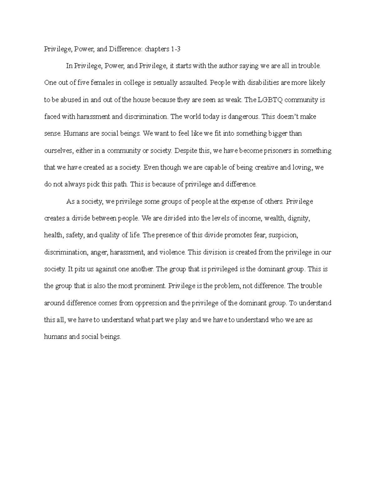 Summary #6 - Chapters 1-3 - Privilege Power And Difference - Privilege ...