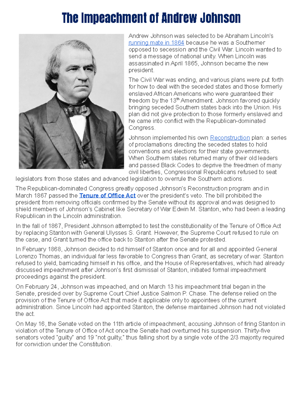 Presidents Impeached-2 - The Impeachment of Andrew Johnson Andrew ...