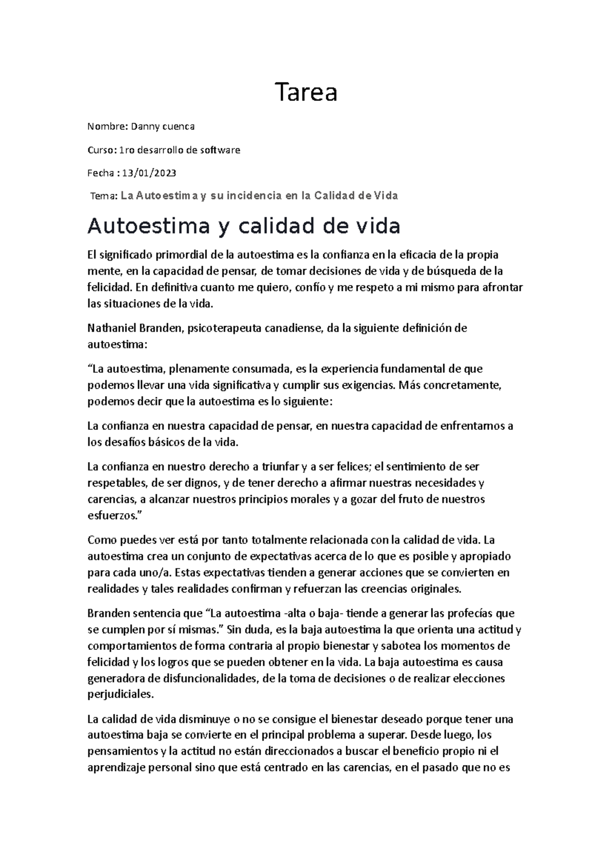 La Autoestima y su incidencia en la Calidad de Vidadocx - Tarea Nombre ...