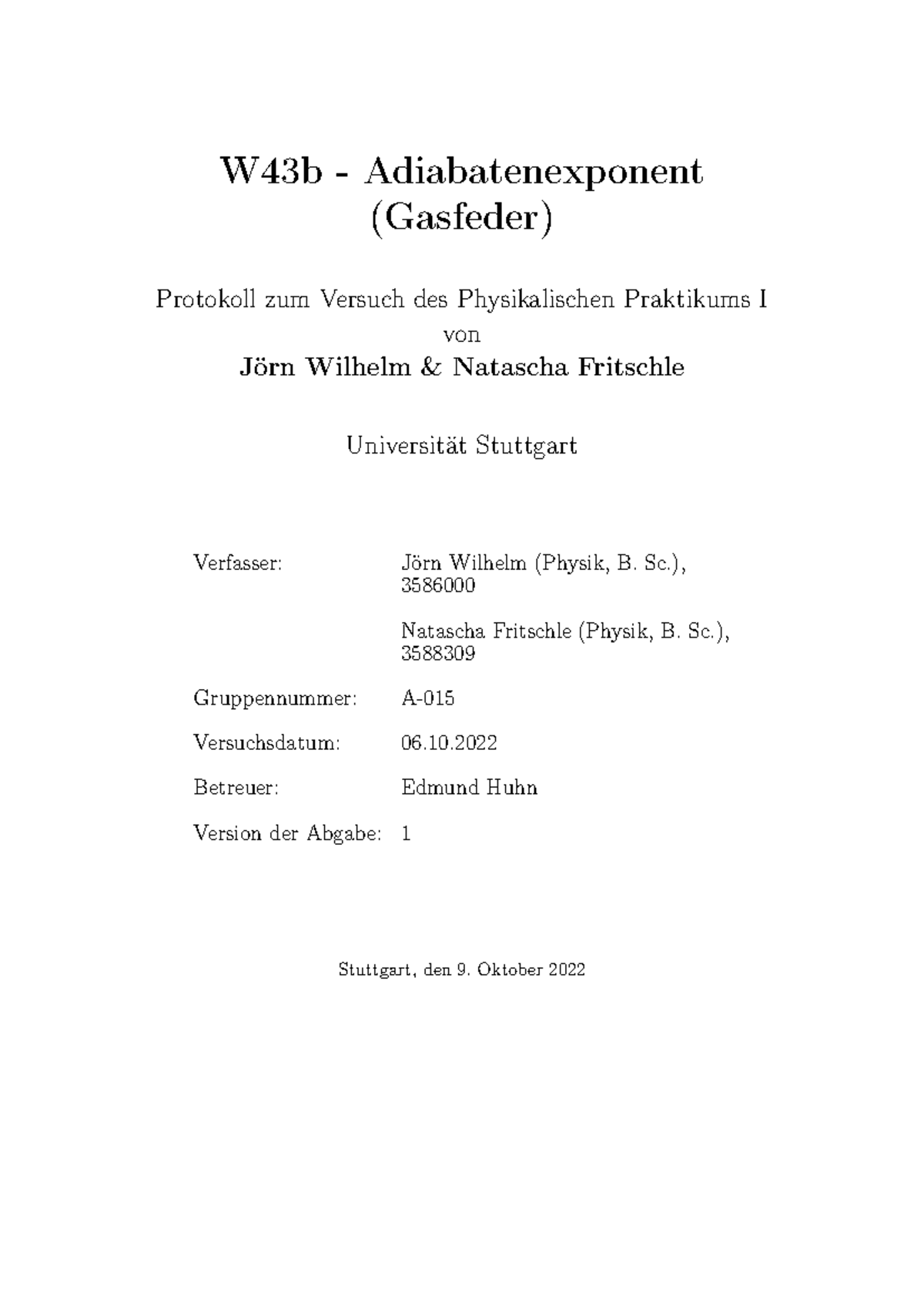 W43b Adiabatenexponent einer Gasfeder Versuchsprotokoll - W43b ...