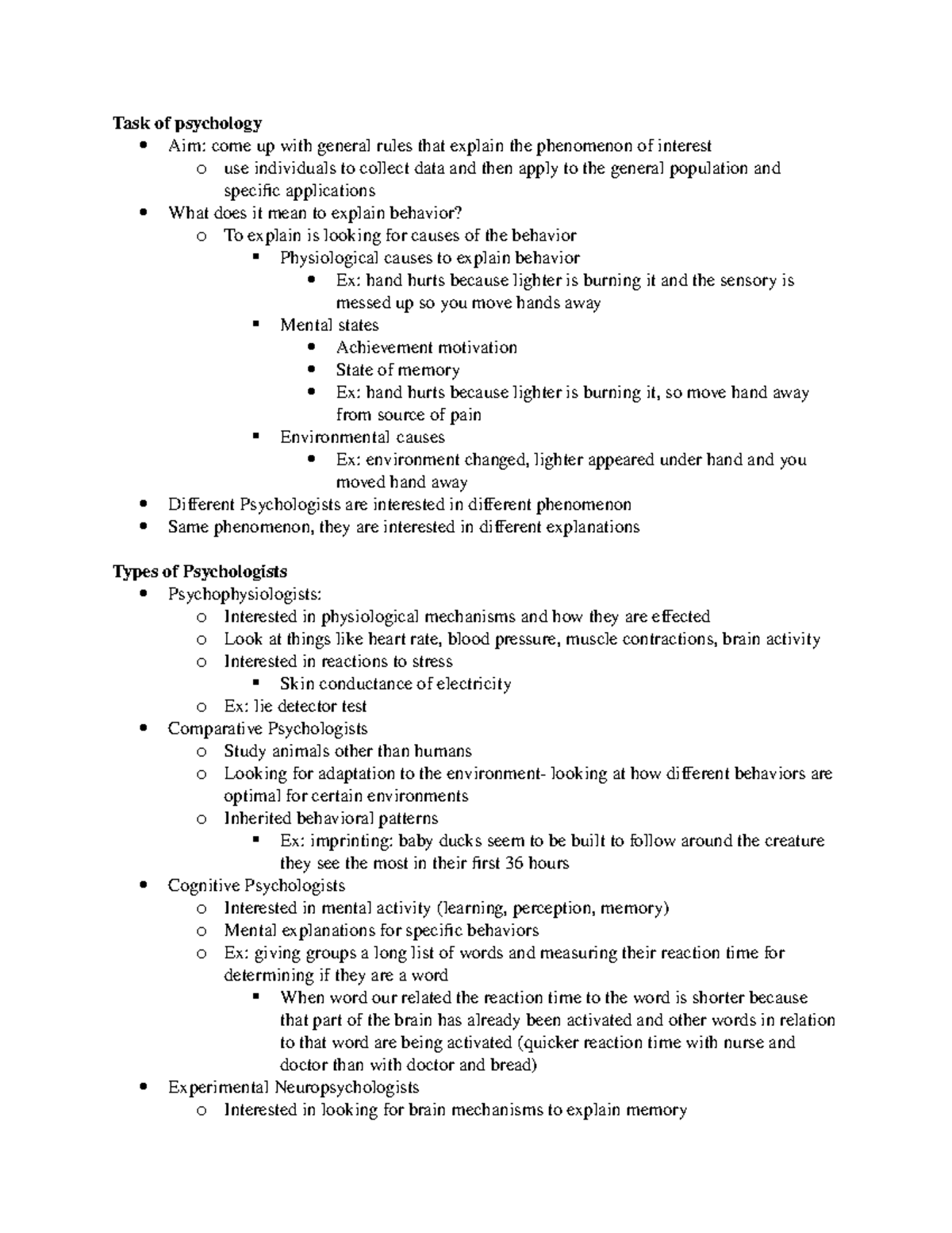 Lecture 2 Test 1 - Task of psychology Aim: come up with general rules ...