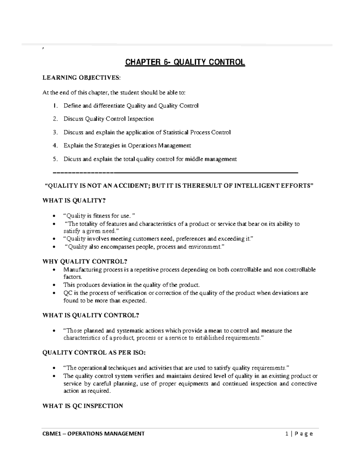 Chapter 6- Quality Control - , CHAPTER 6 - QUALITY CONTROL LEARNING OBJECTIVES: At the end of ...