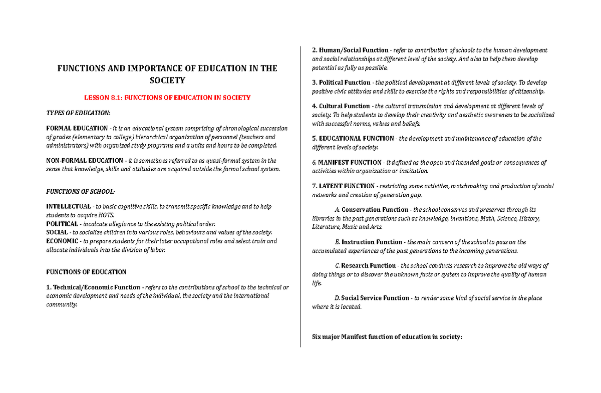 Note in ucsp - Hope it helps - FUNCTIONS AND IMPORTANCE OF EDUCATION IN ...