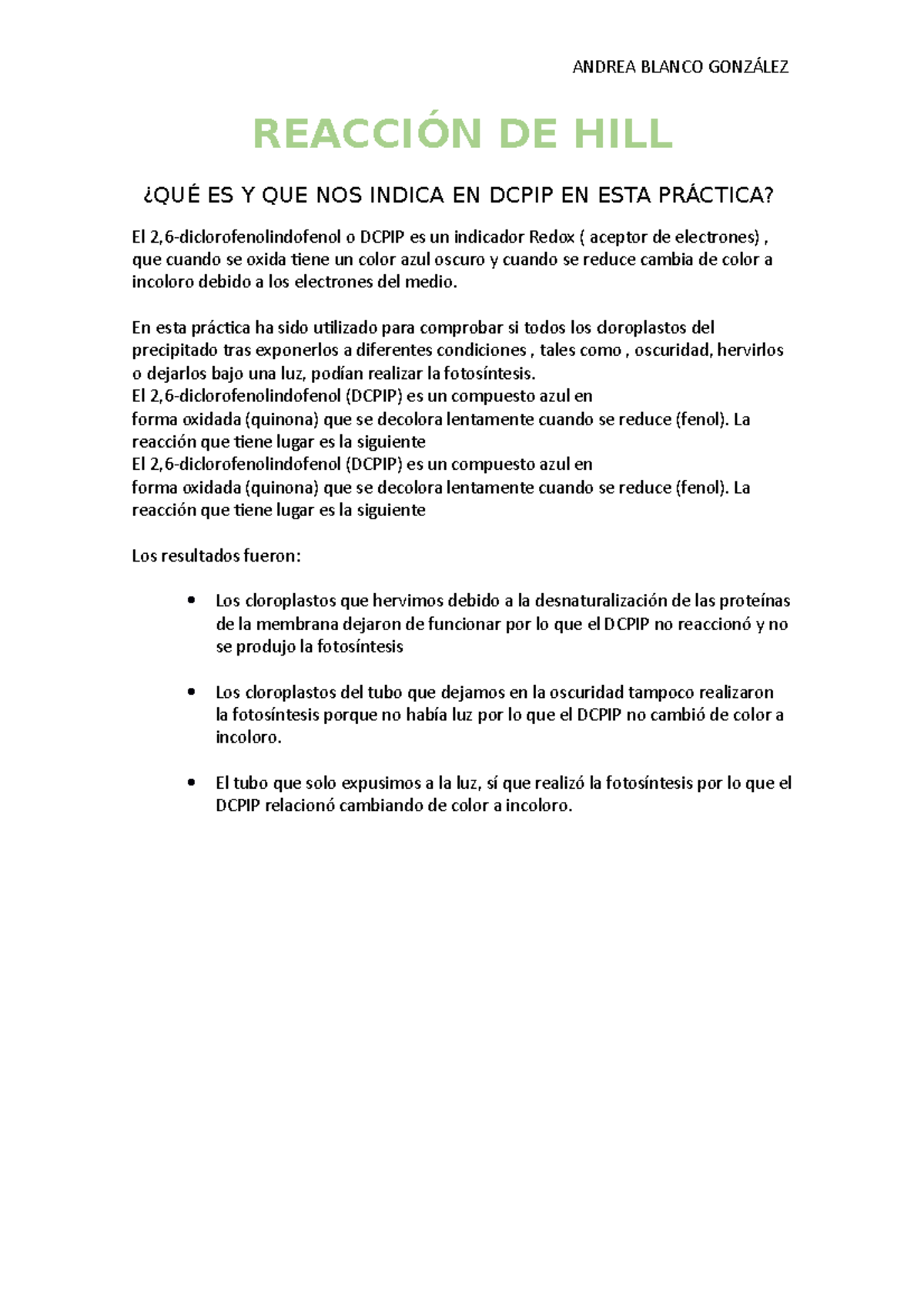 Reacción DE HILL primera evaluación - ANDREA BLANCO GONZÁLEZ REACCIÓN ...