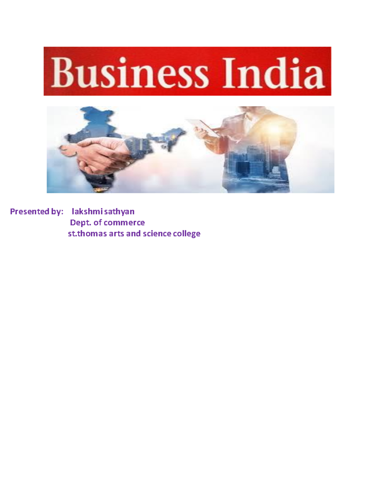 Business india - Study material - Presented by: lakshmi sathyan Dept ...