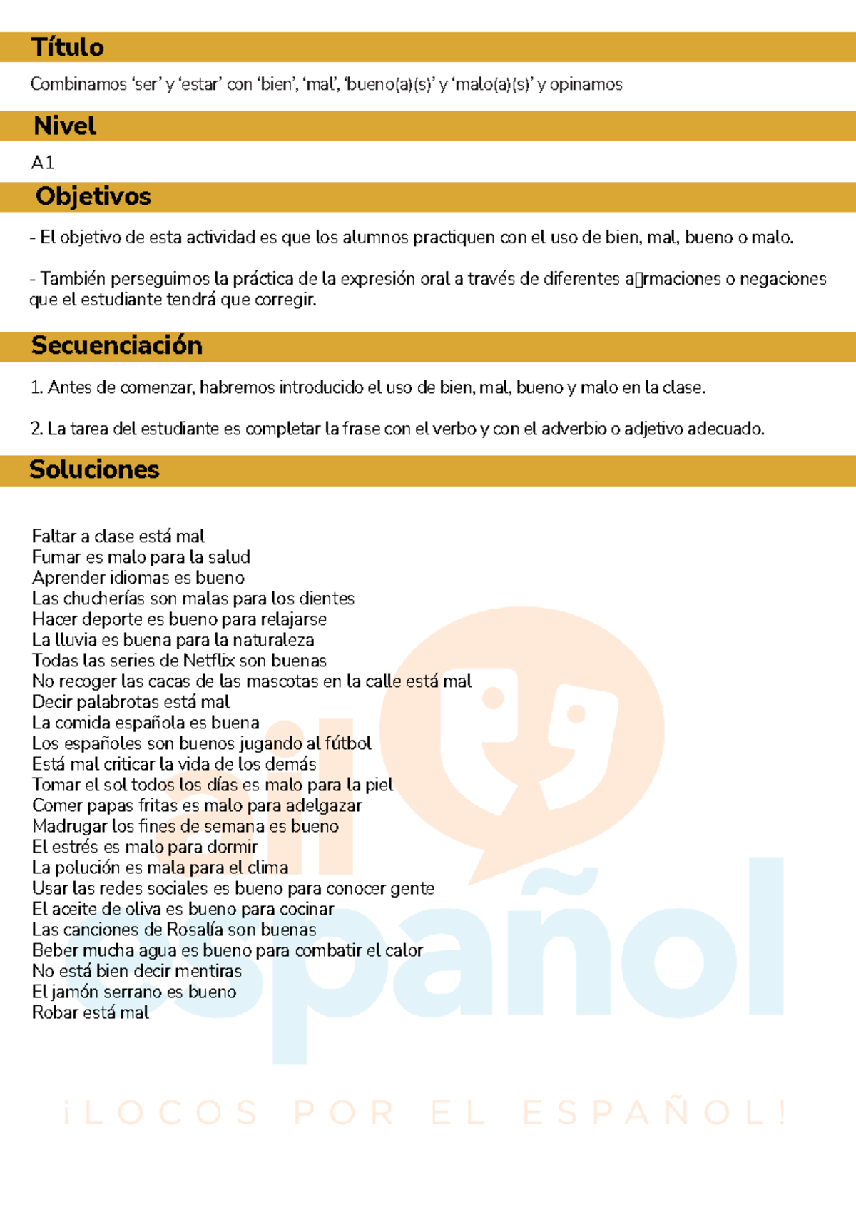 Secuenciacion ejercicio espanol ser estar bien mal bueno malo - Título ...