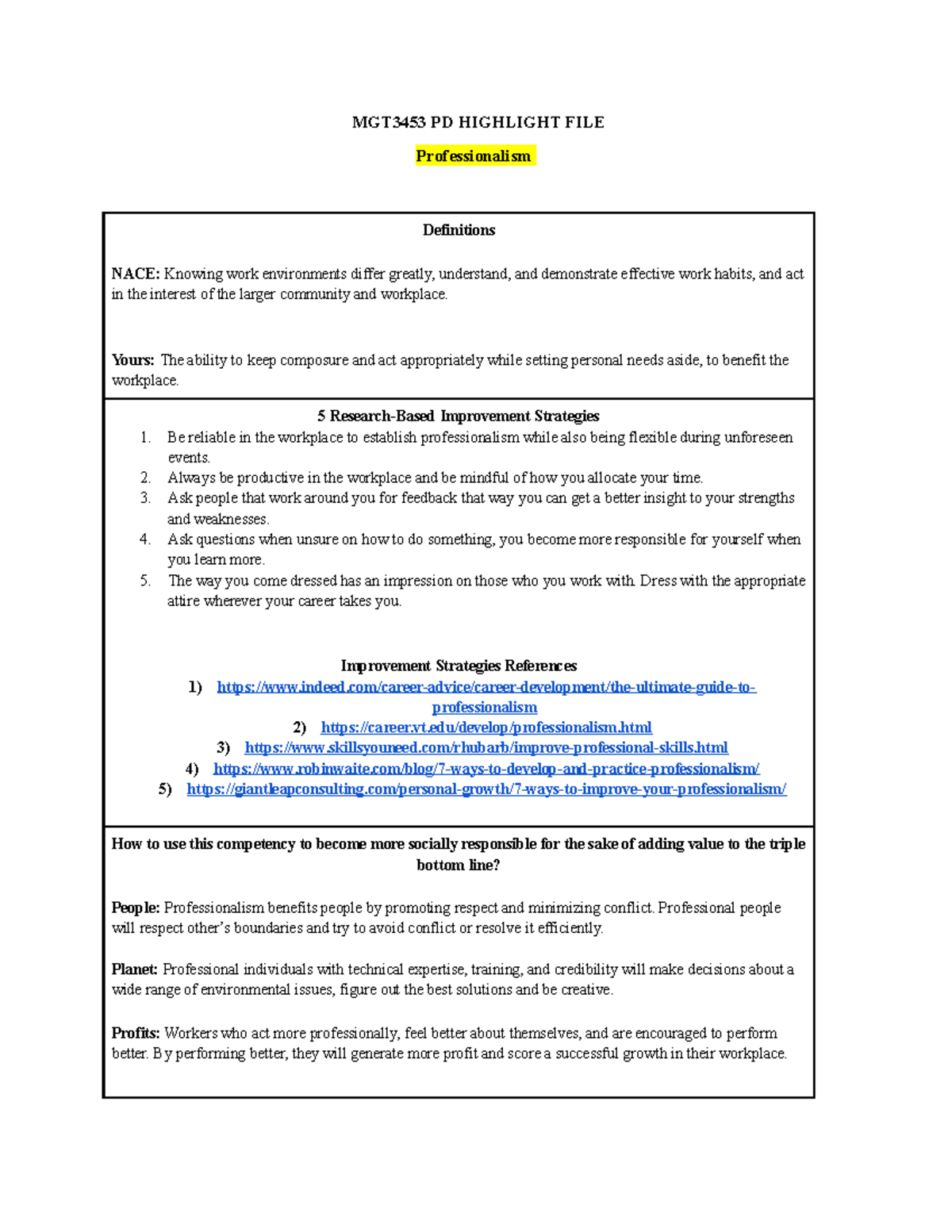 MGT- Professionalism - These are assignments given by the professor in ...