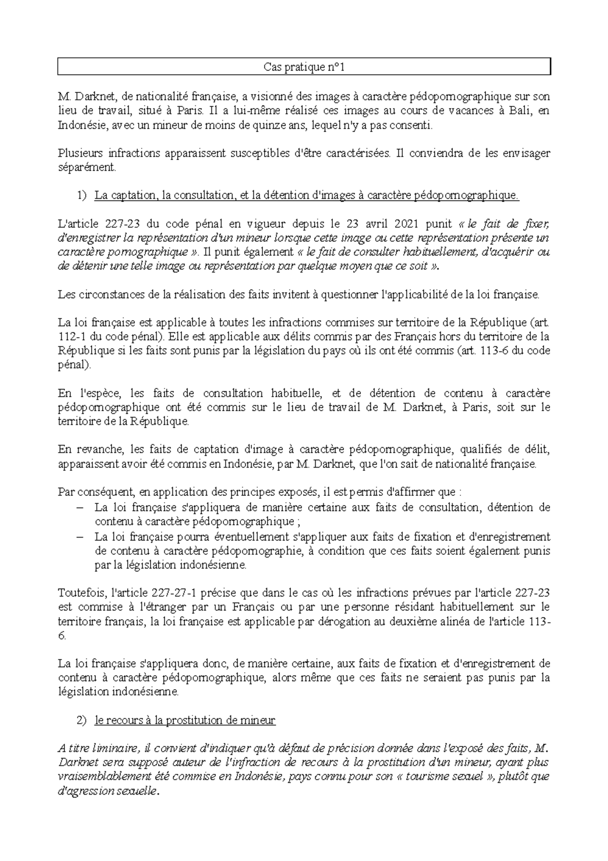 Correction TD N°5 - Cas pratique n° M. Darknet, de nationalité ...