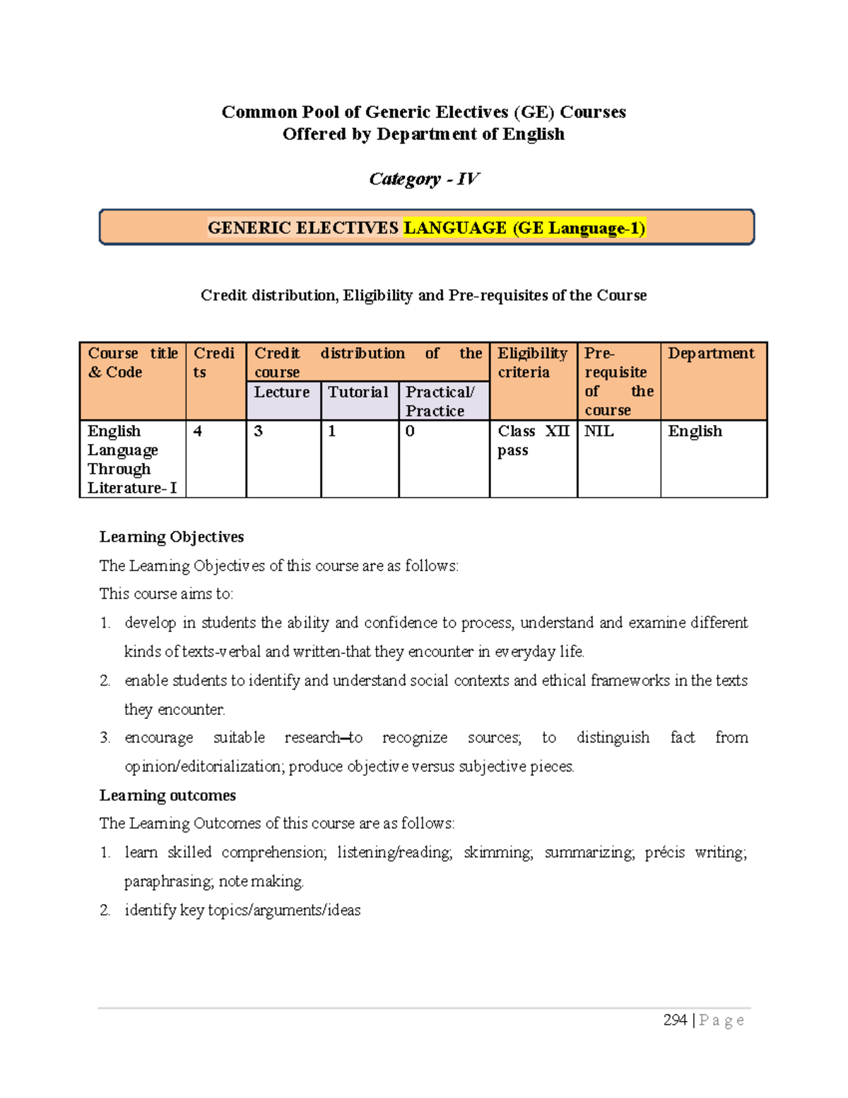 GE english Language pool S1 n S2 - Common Pool of Generic Electives (GE ...