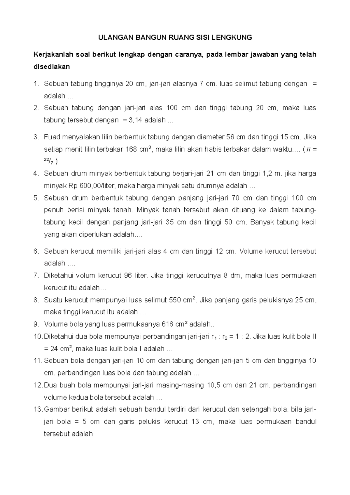 Ulangan Bangun Ruang SISI Lengkung - ULANGAN BANGUN RUANG SISI LENGKUNG ...