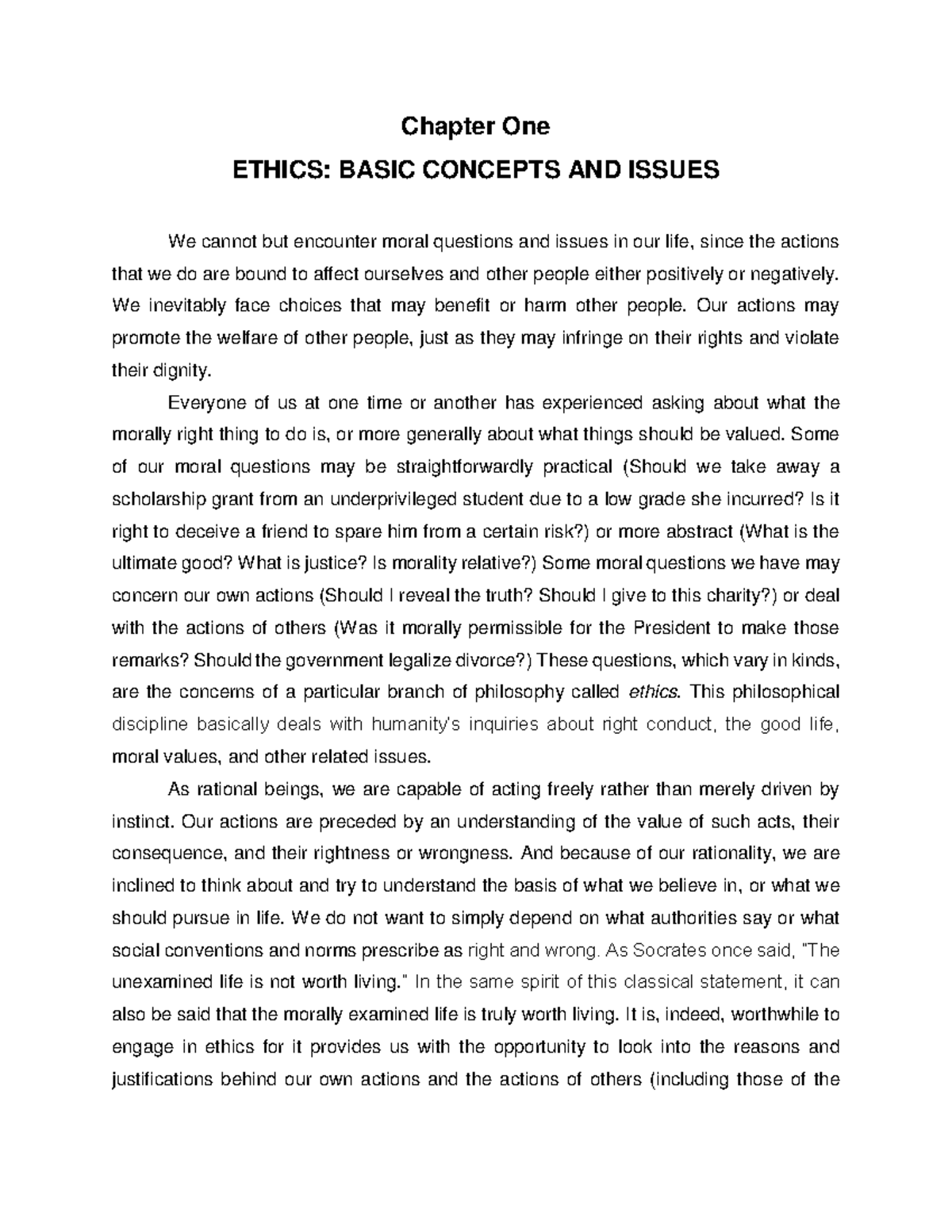 Ch1 Ethics Basic Concepts and Issues 2 - Chapter One ETHICS: BASIC ...