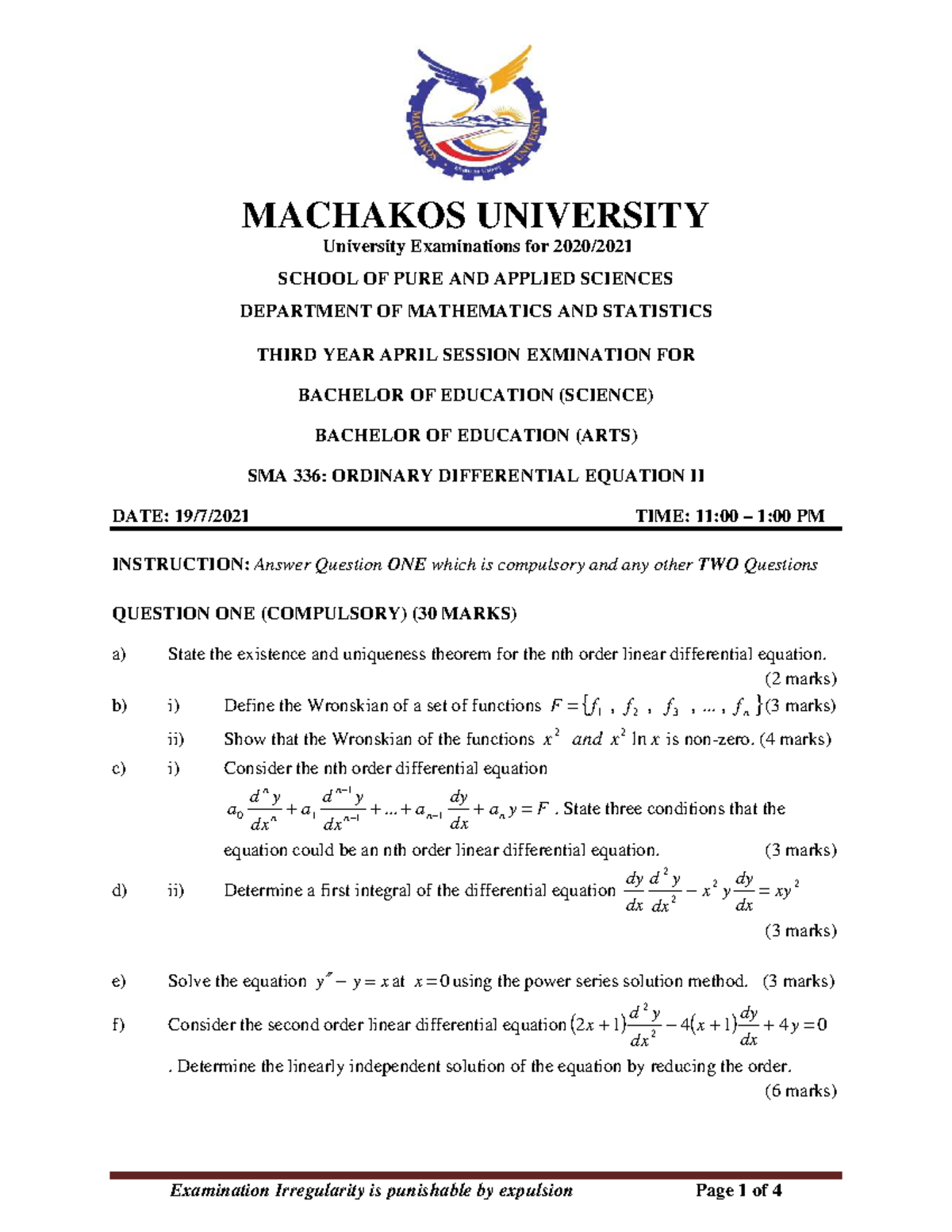 SMA 336 Ordinary Differential Equation II - MACHAKOS UNIVERSITY ...