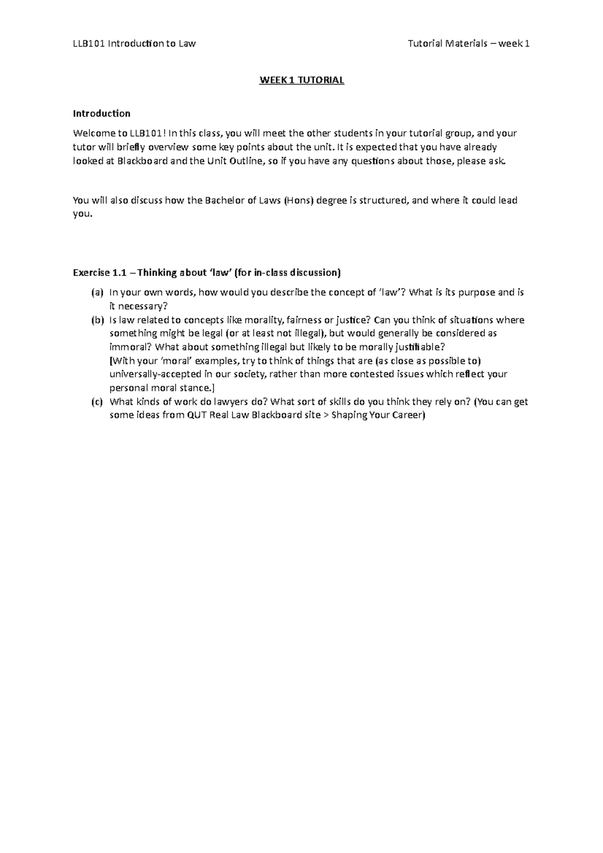 WEEK 1 Tutorial(1) week - LLB102 - QUT - Studocu