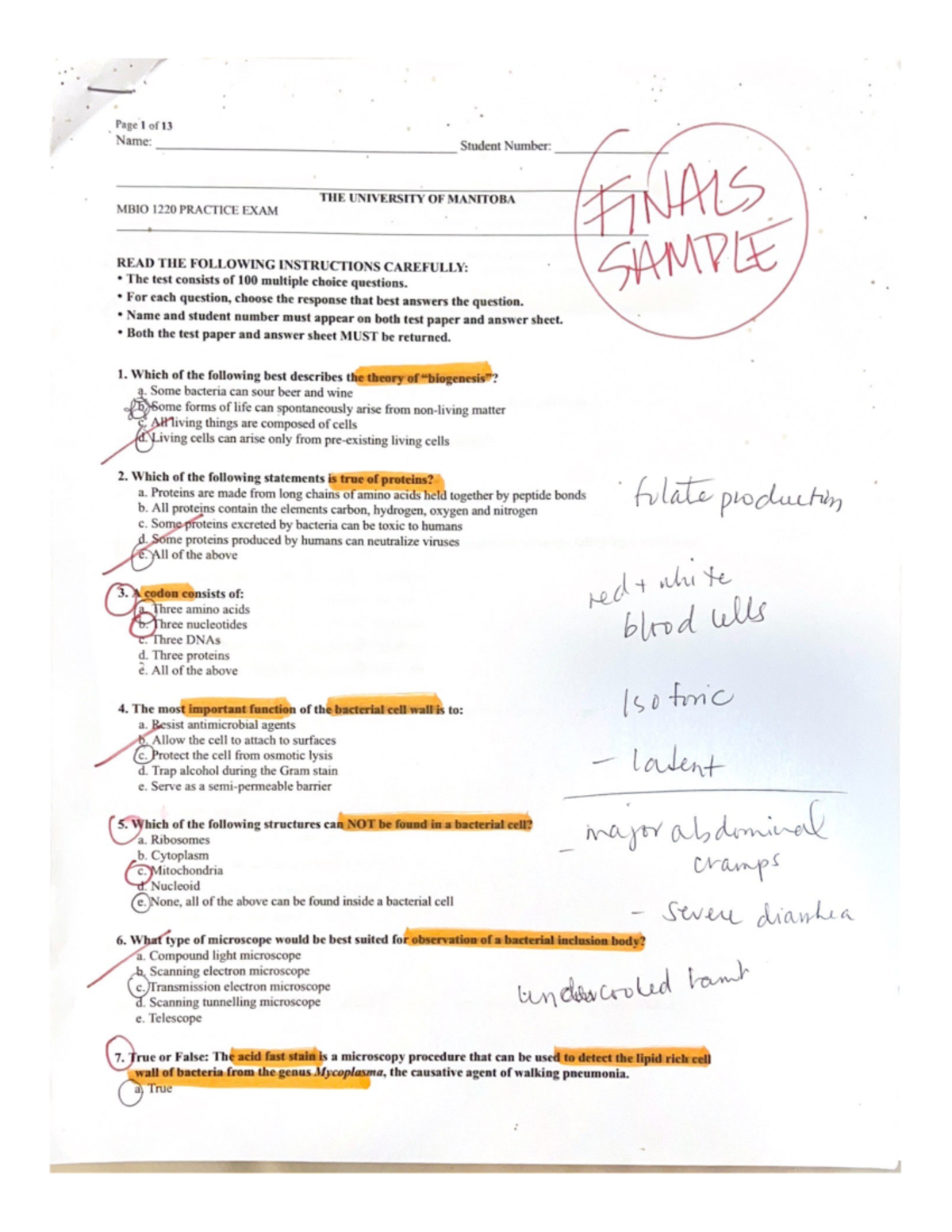 Page 1 of 13 - this is an exam practice. for microbiology. i hope it helps. - MBIO 1220 - Studocu