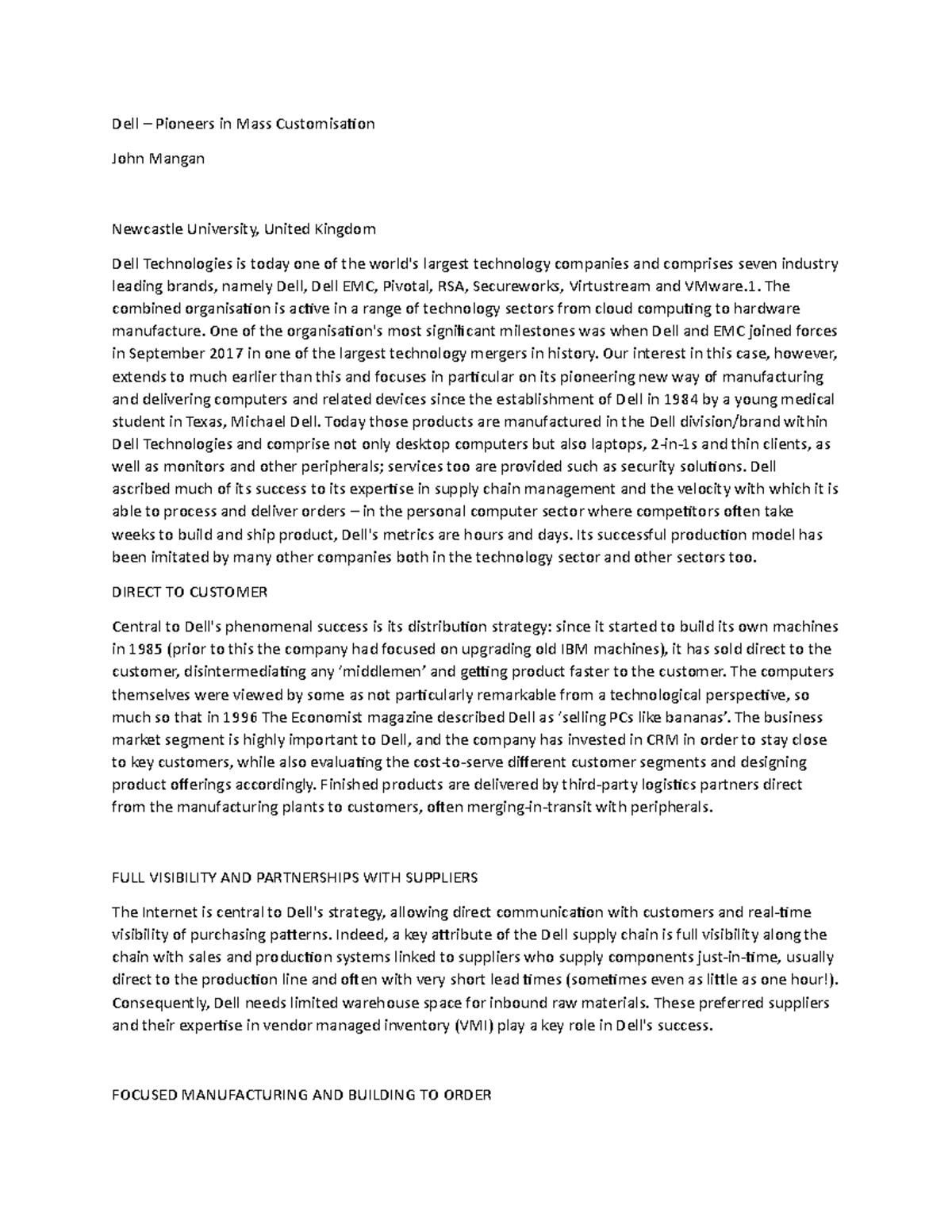 Mangan Case- Dell Computer - Dell – Pioneers in Mass Customisation John ...