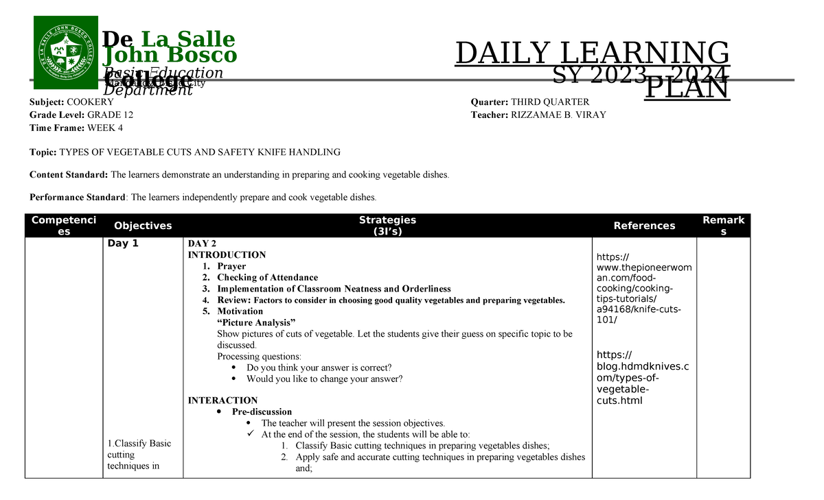 Cookery DLP - learning plan - Subject: COOKERY Quarter: THIRD QUARTER ...