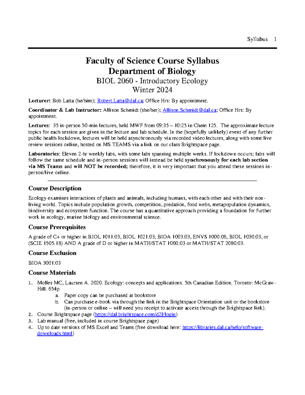 BIOL2060 Syllabus W2024 - Faculty of Science Course Syllabus Department ...