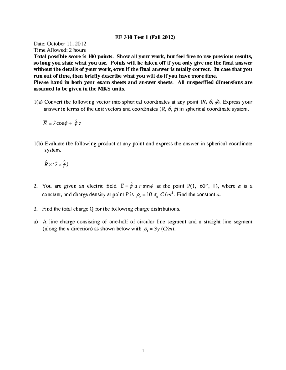 Test1 - Test 1 - 1 EE 3 10 Test 1 (Fall 2012) Date: October 11, 2012 ...