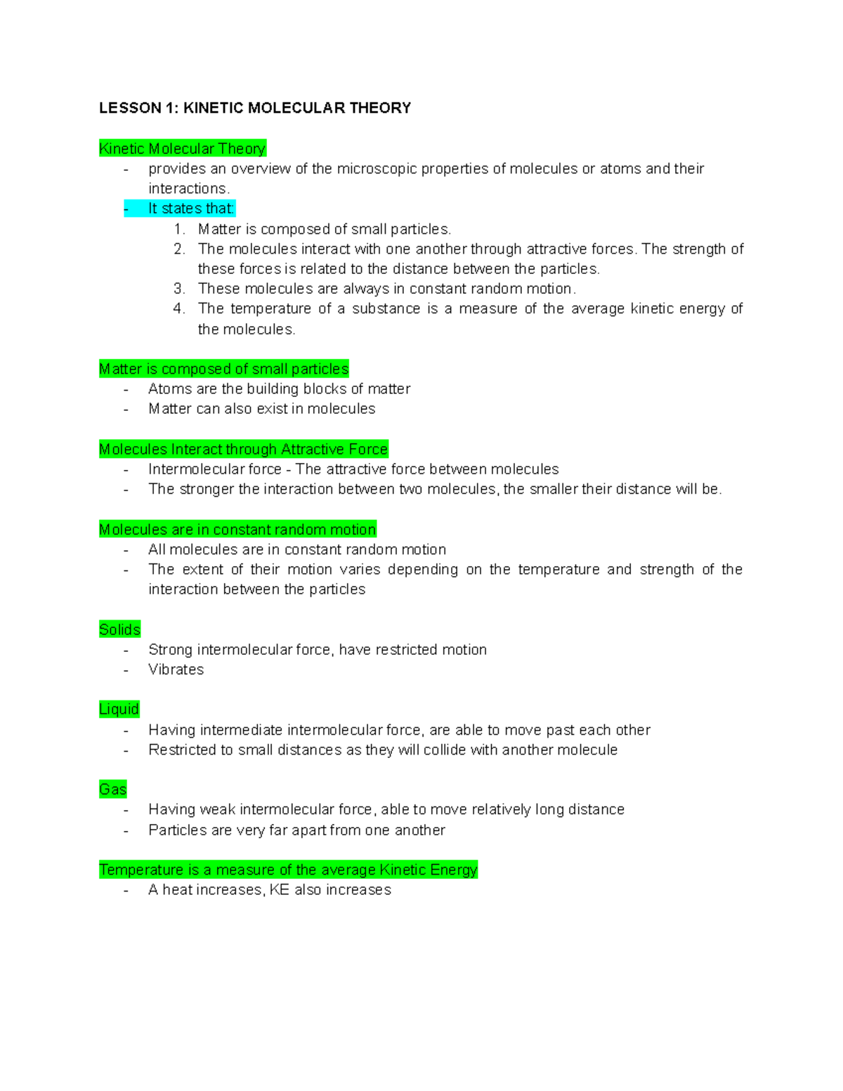GenChem Reviewer - LESSON 1: KINETIC MOLECULAR THEORY Kinetic Molecular ...