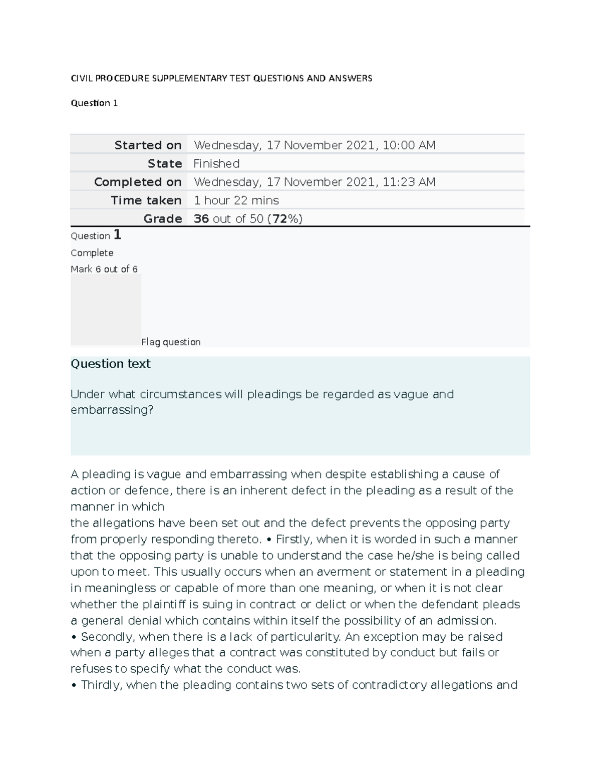 SUPP Civil TEST 3 Answers - CIVIL PROCEDURE SUPPLEMENTARY TEST ...