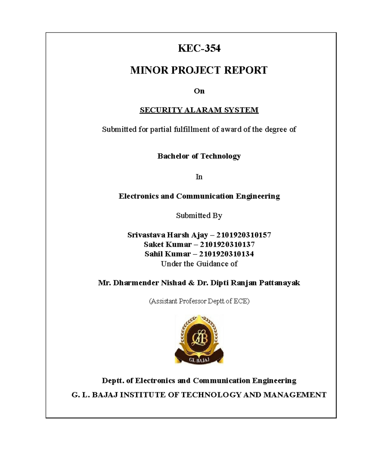 KEC 354 Minor Project Report Format - KEC- MINOR PROJECT REPORT On ...