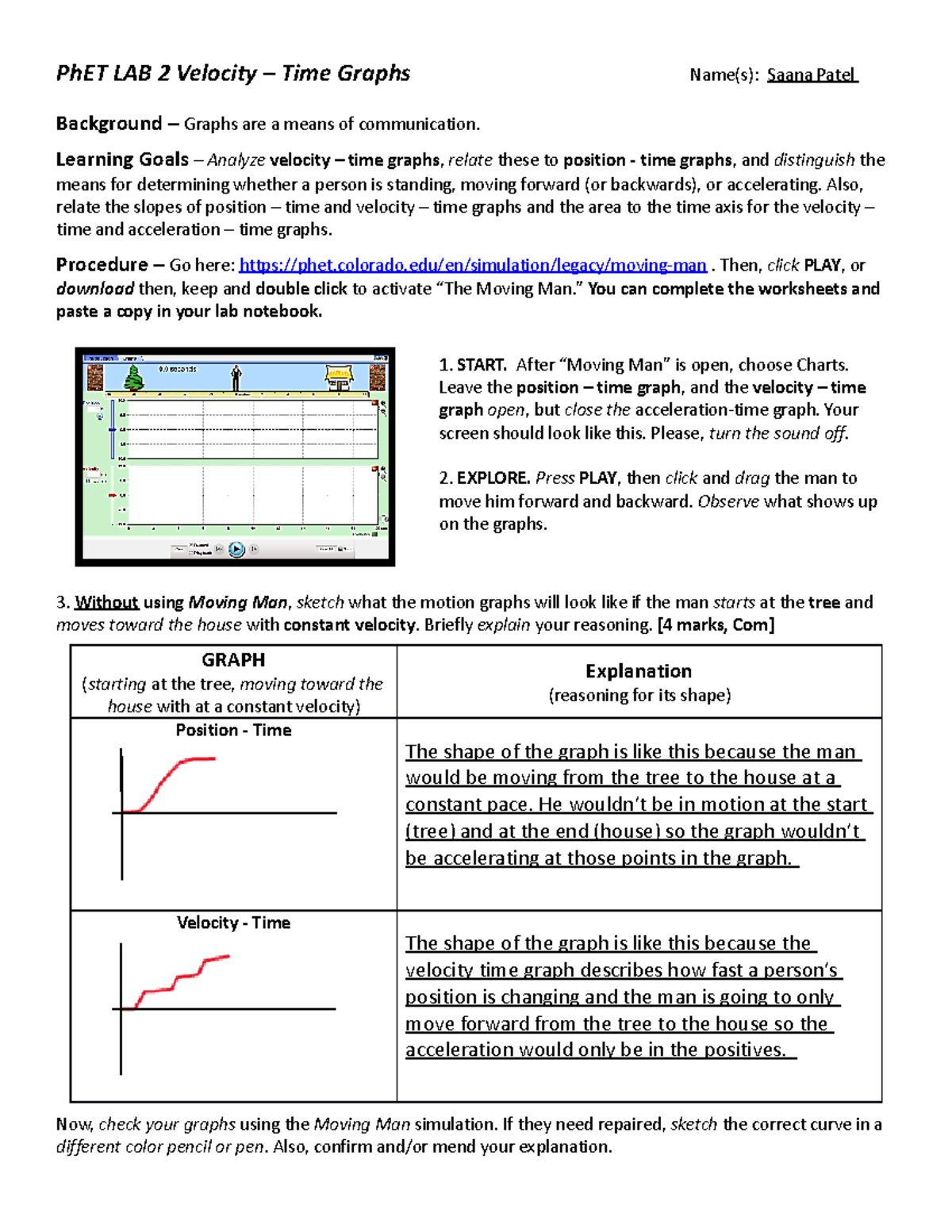 SPH3U Lab 2 Ph ET LAB velocity time graphs - PhET LAB 2 Velocity – Time ...