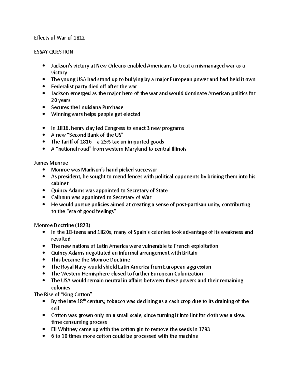 History Notes 10:26 - Effects of War of 1812 ESSAY QUESTION Jackson’s ...