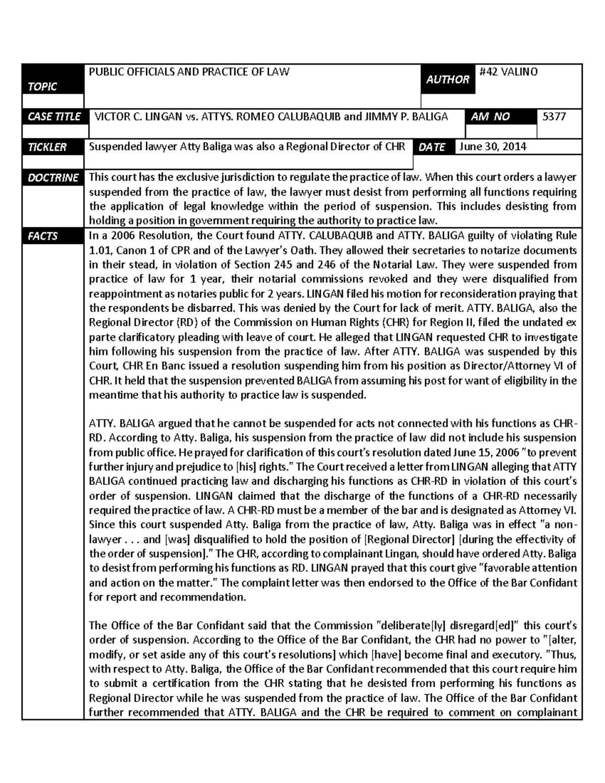 42. PALE Lingan vs Baliga - TOPIC PUBLIC OFFICIALS AND PRACTICE OF LAW ...
