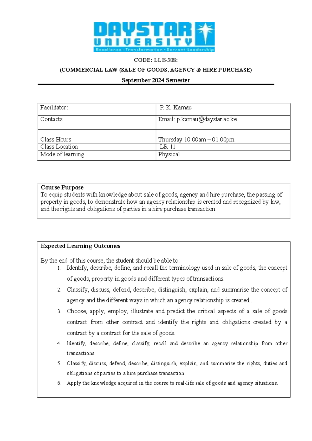 Course Outline - CODE: LLB-308: (COMMERCIAL LAW (SALE OF GOODS, AGENCY ...