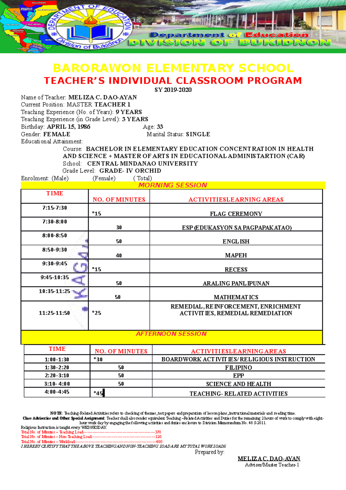 Classroom Program DAO-AYAN - BARORAWON ELEMENTARY SCHOOL TEACHER’S ...