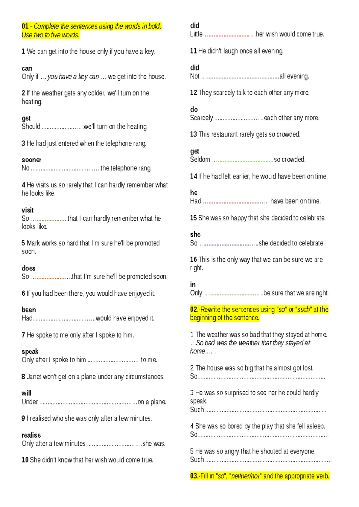 69156321 Emphatic Structures Exercises Inversions Cleft Fronting - 01 ...