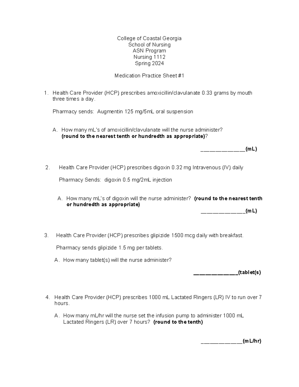 Nursing Medication Calculation practice - College of Coastal Georgia ...