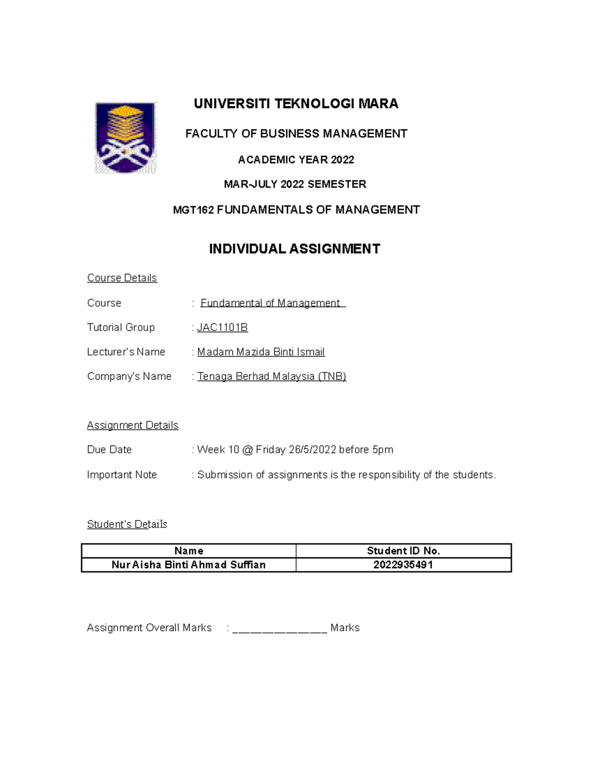 Individual Assignment- Cover Page - UNIVERSITI TEKNOLOGI MARA FACULTY ...