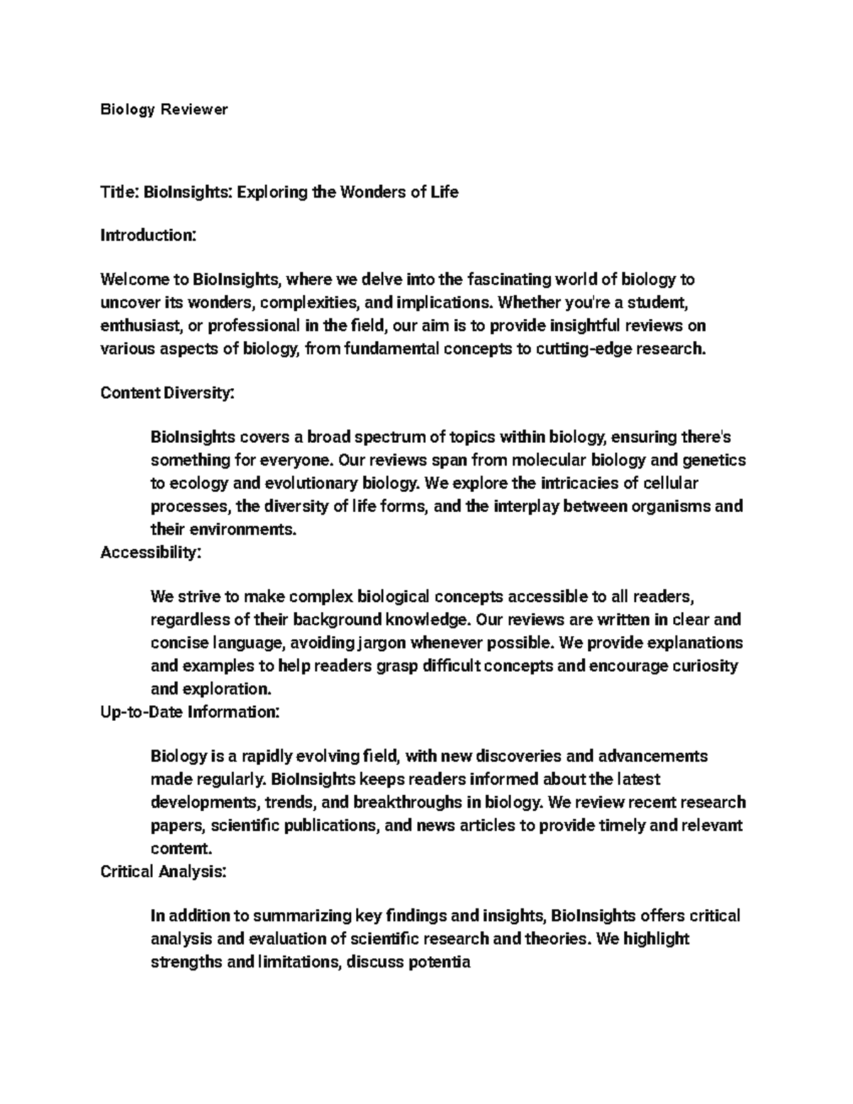 Bio - n/a - Biology Reviewer Title: BioInsights: Exploring the Wonders ...