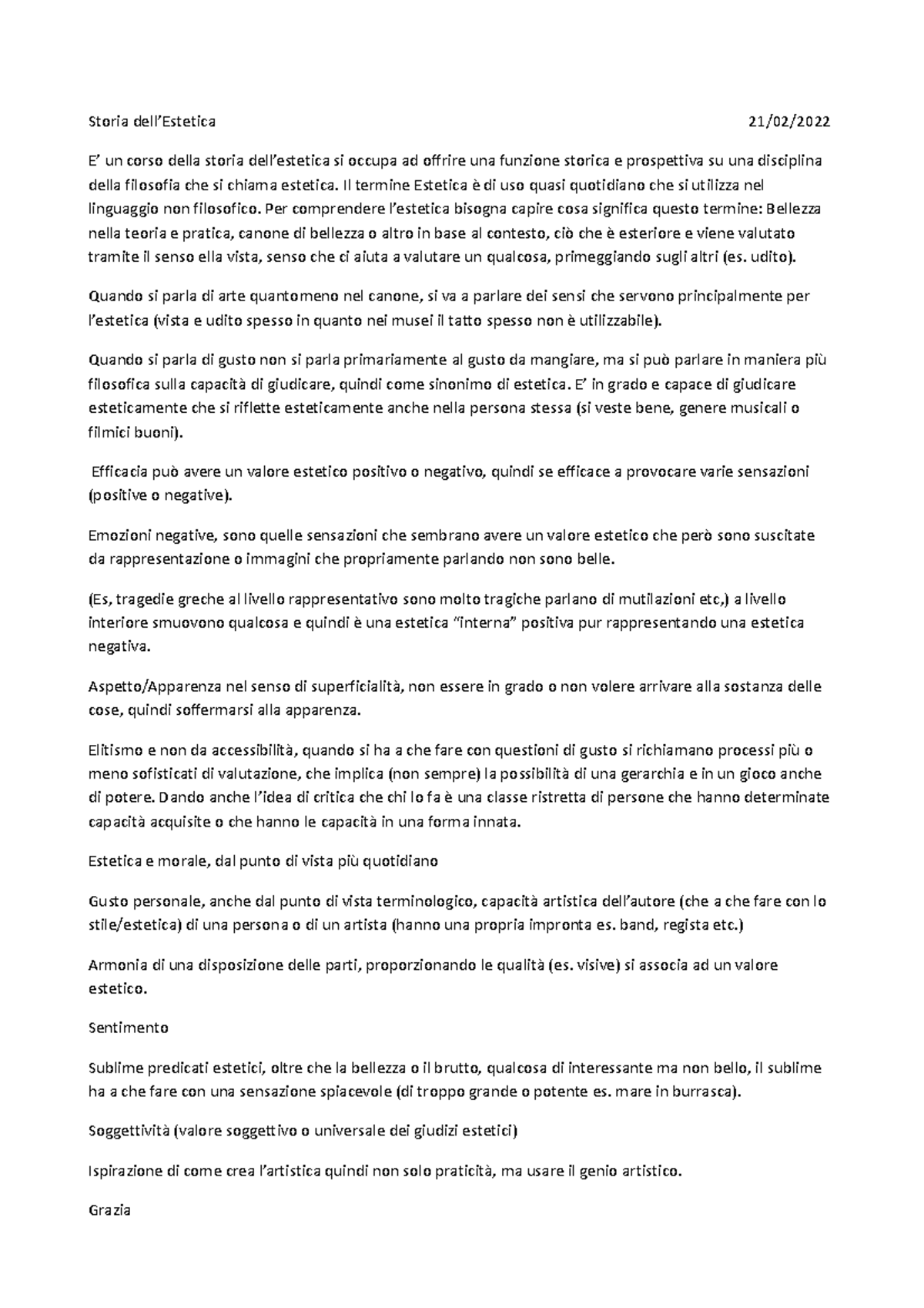 Storia dell'Estetica - prof siani - Estetica - UniPi - Studocu