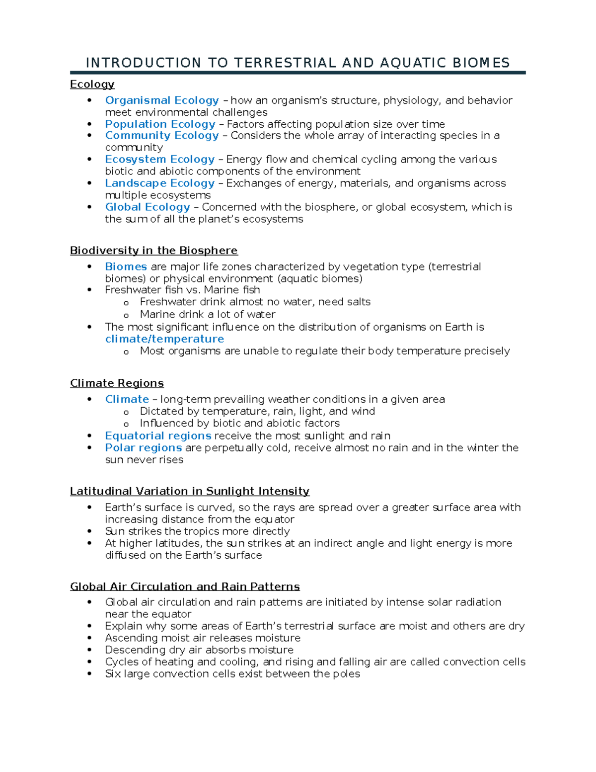 Unit 5 Bio Notes - INTRODUCTION TO TERRESTRIAL AND AQUATIC BIOMES ...