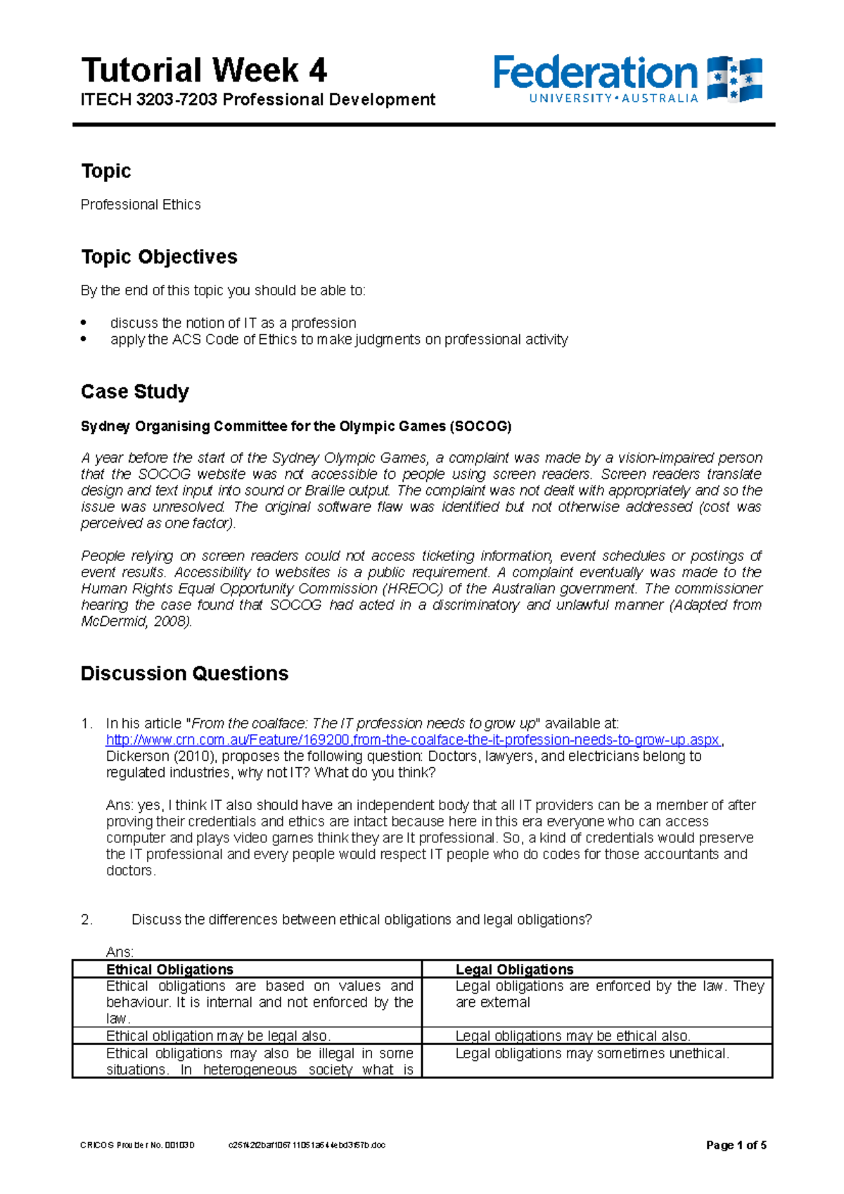 Bikash week4 tutorial professional development - Tutorial Week 4 ITECH ...