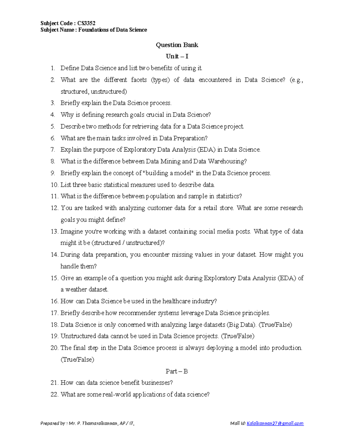 Question Bank - Subject Name : Foundations of Data Science Question Bank Unit – I 1. Define Data ...