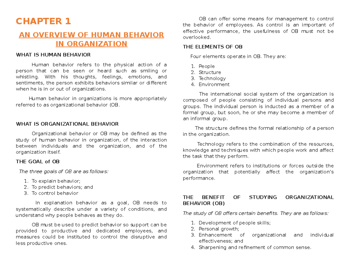 Chapter-1 - Summary Human Behavior in Organizations - CHAPTER 1 AN ...