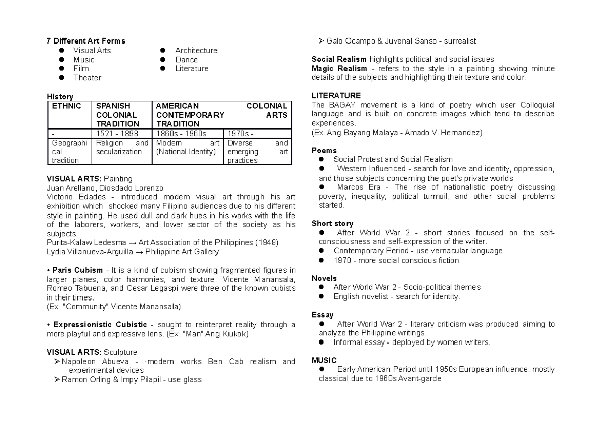 CPAR Notes Lesson 1 and 4 - 7 Different Art Forms Visual Arts Music ...