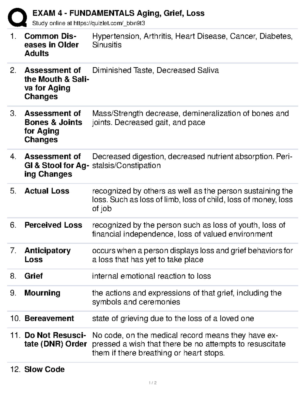 EXAM 4 - Fundamentals Aging, Grief, Loss - EXAM 4 - FUNDAMENTALS Aging ...