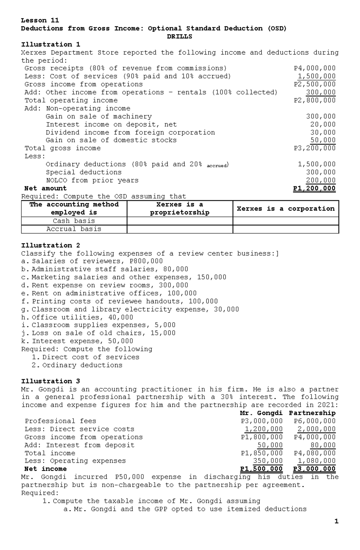 Lesson 11 - Drills Taxation - Lesson 11 Deductions from Gross Income ...