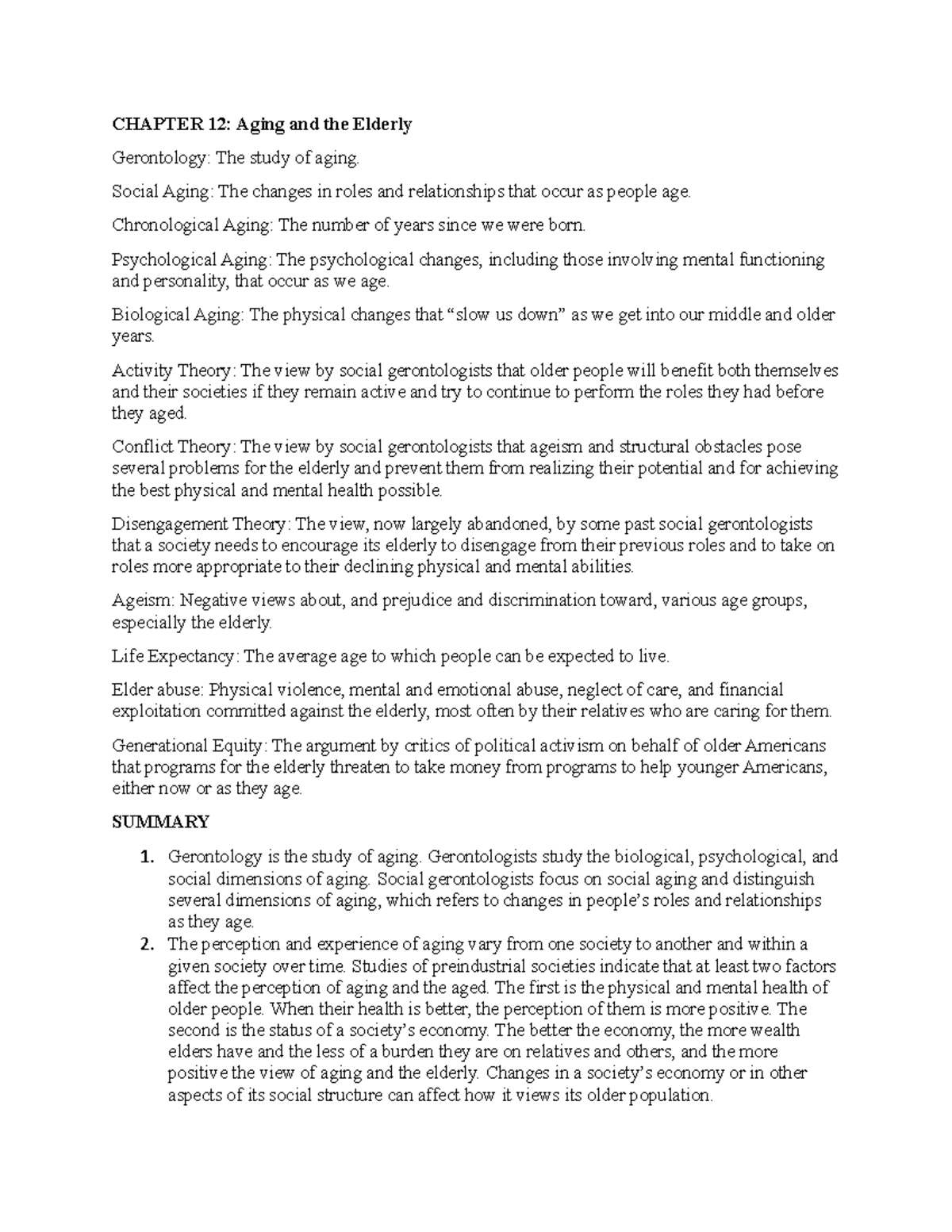 SOC 101 Ch 12-14 - vocabulary and summaries - CHAPTER 12: Aging and the ...