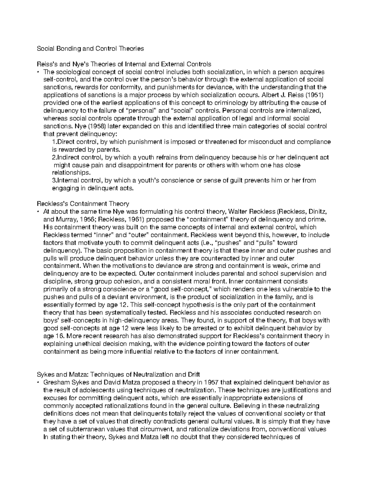 Sociology of Crime Reading Notes Ch 6 - Social Bonding and Control ...