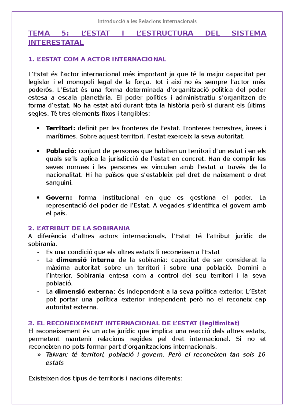 Tema 5. L'estat i l'estructura del sistema interestatal - TEMA 5: L ...