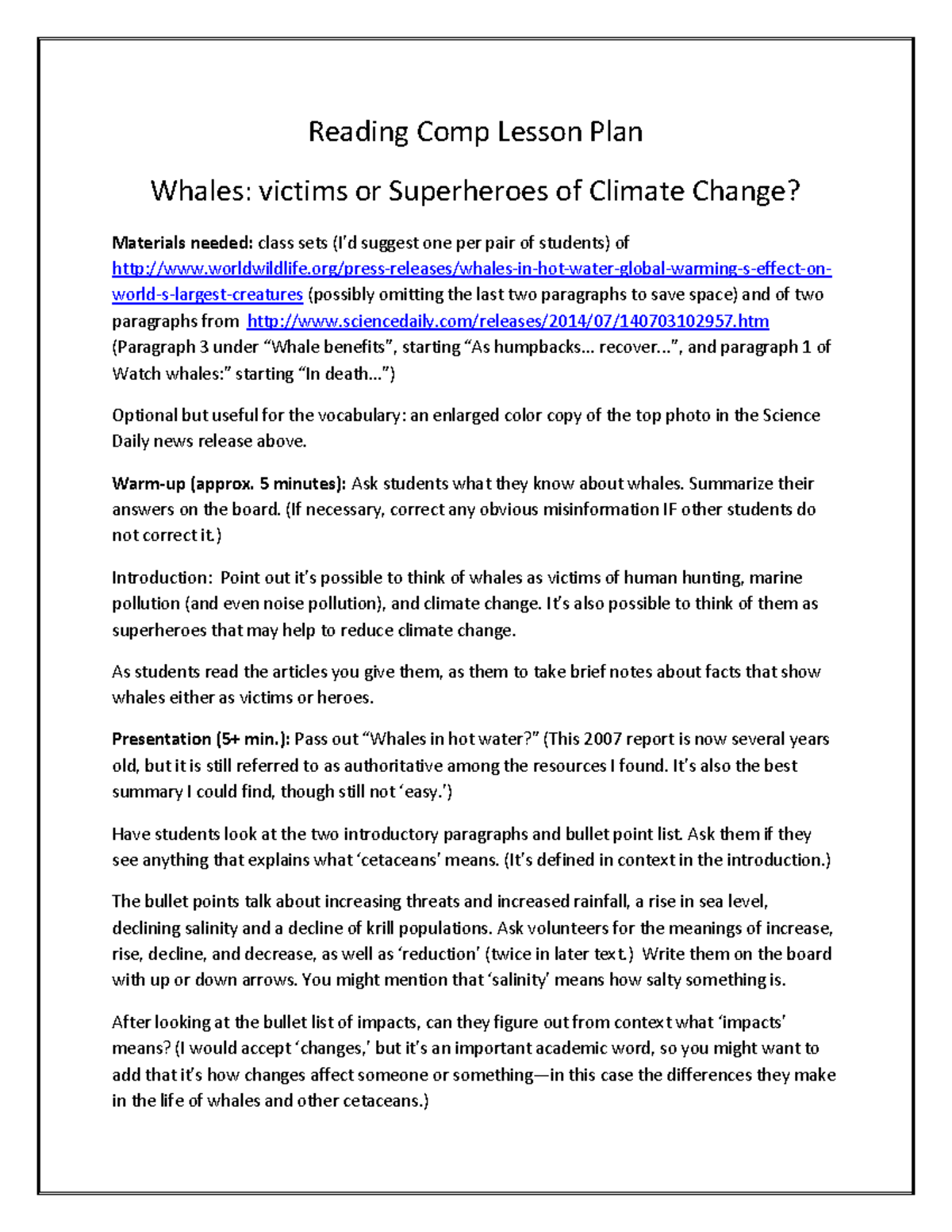 Lesson plan on whales - Reading Comp Lesson Plan Whales: victims or ...