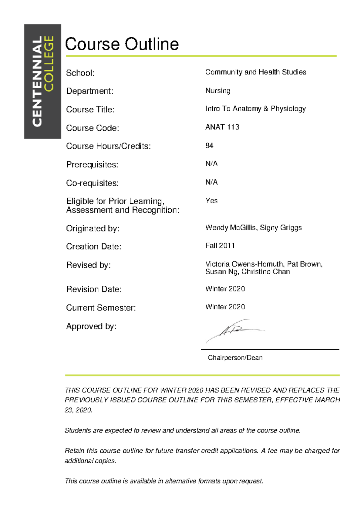 Anatomy Course Outline - Course Outline Chairperson/Dean THIS COURSE ...